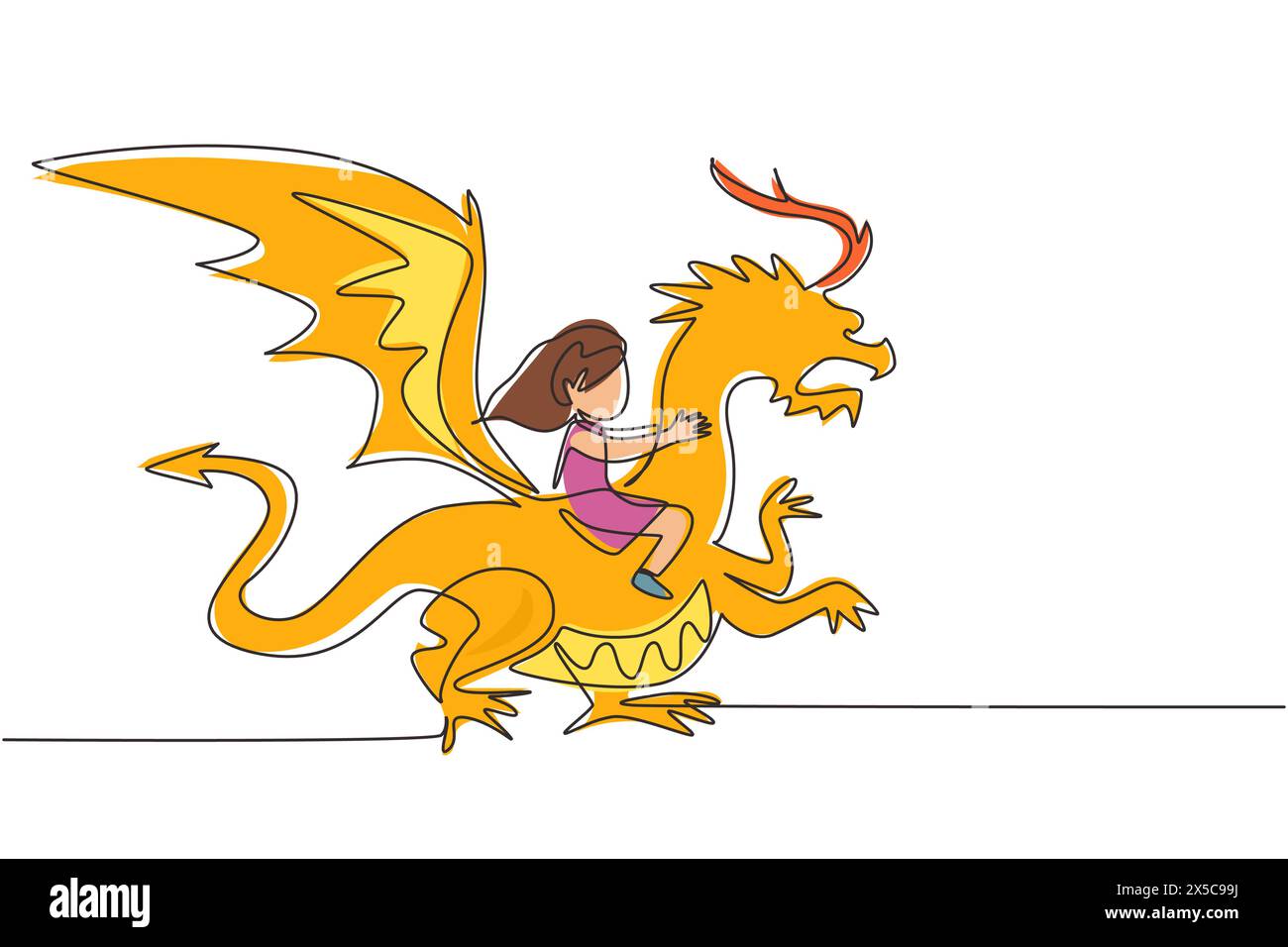 Single one line drawing happy little girl flying with fantasy dragon ...