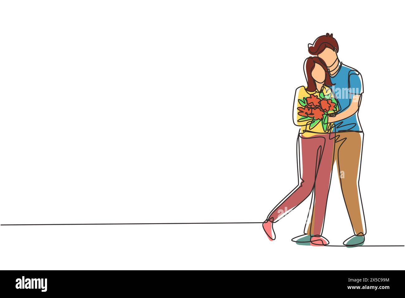Single continuous line drawing man gives flowers to woman and hug her ...