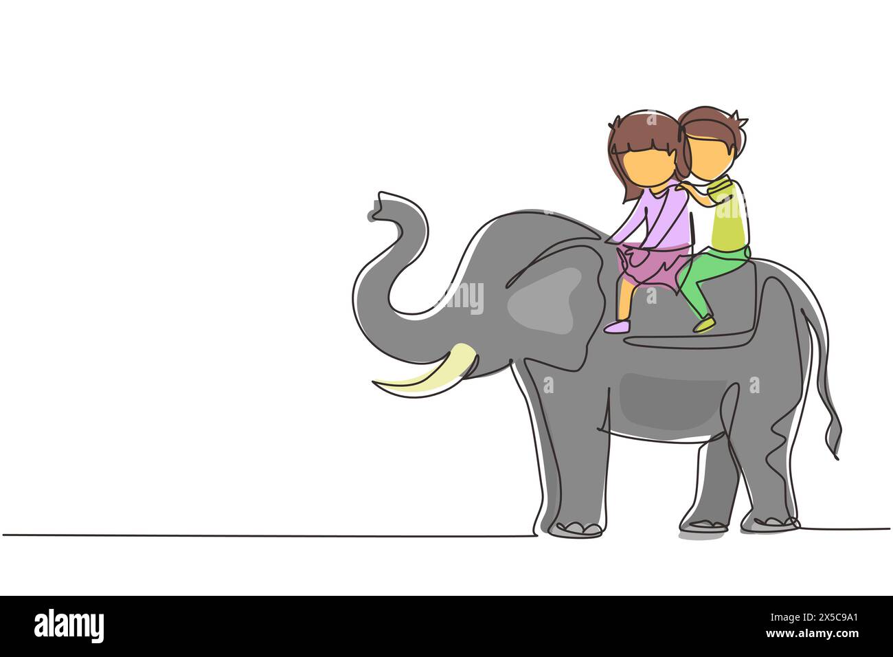 Single continuous line drawing happy little boy and girl riding ...