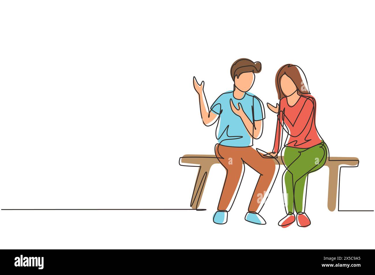 Single One Line Drawing Romantic Couple Talking While Sitting On Bench