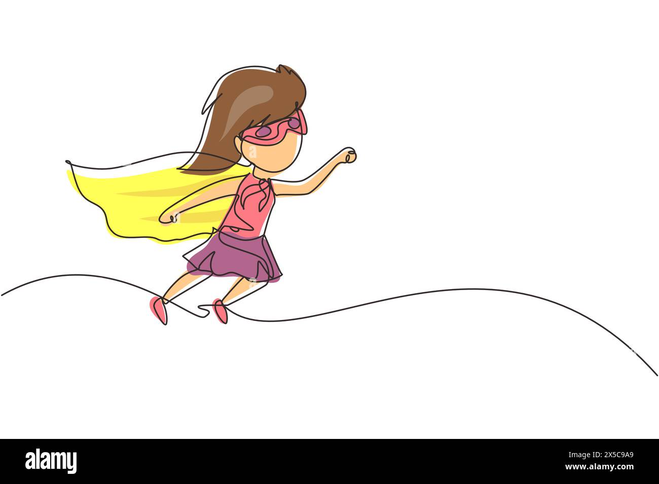 Continuous one line drawing cute super girl. Little girl dressed as ...