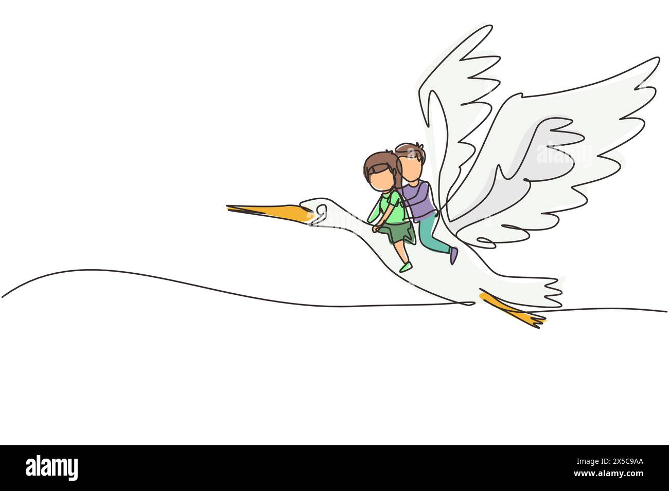 Single continuous line drawing happy little boy and girl flying with ...