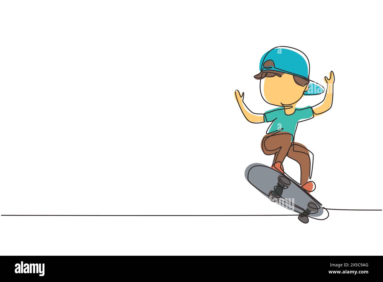 Continuous one line drawing happy smiling boy playing on skateboard ...