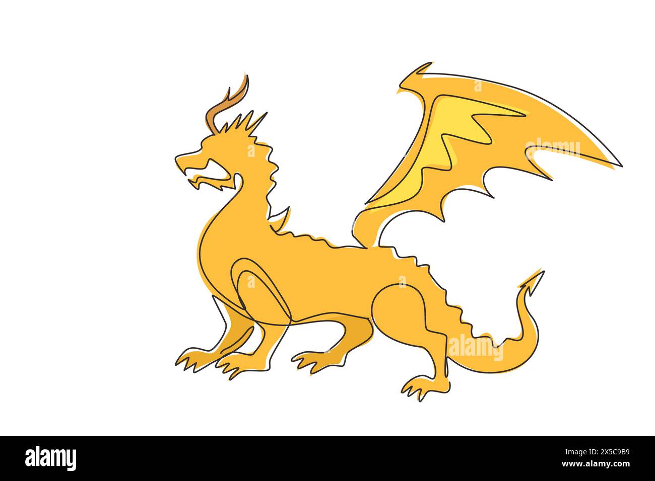 Single one line drawing strong fairytale dragon, magic lizard with ...