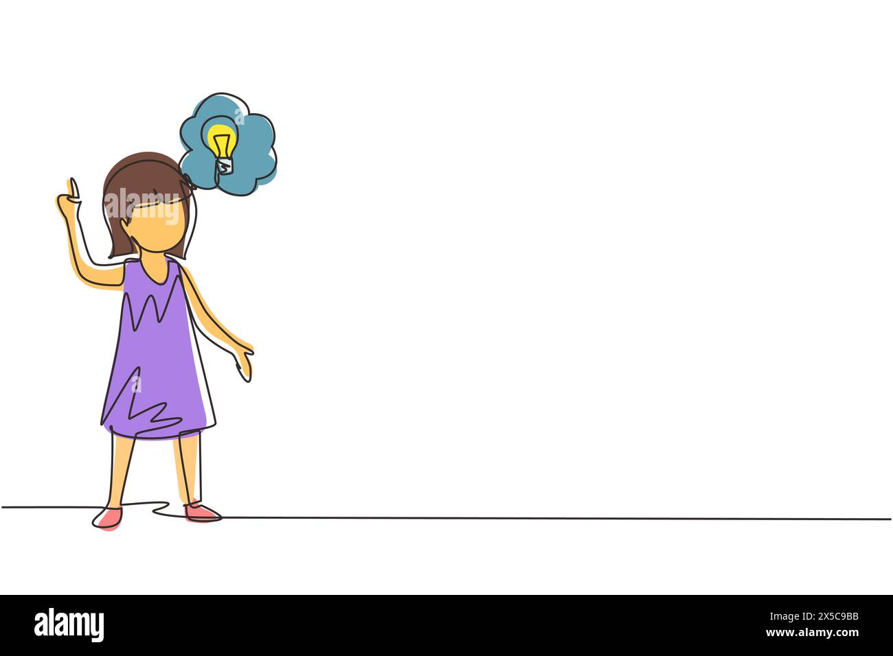 Continuous one line drawing little girl thinking. Kids think creative ...