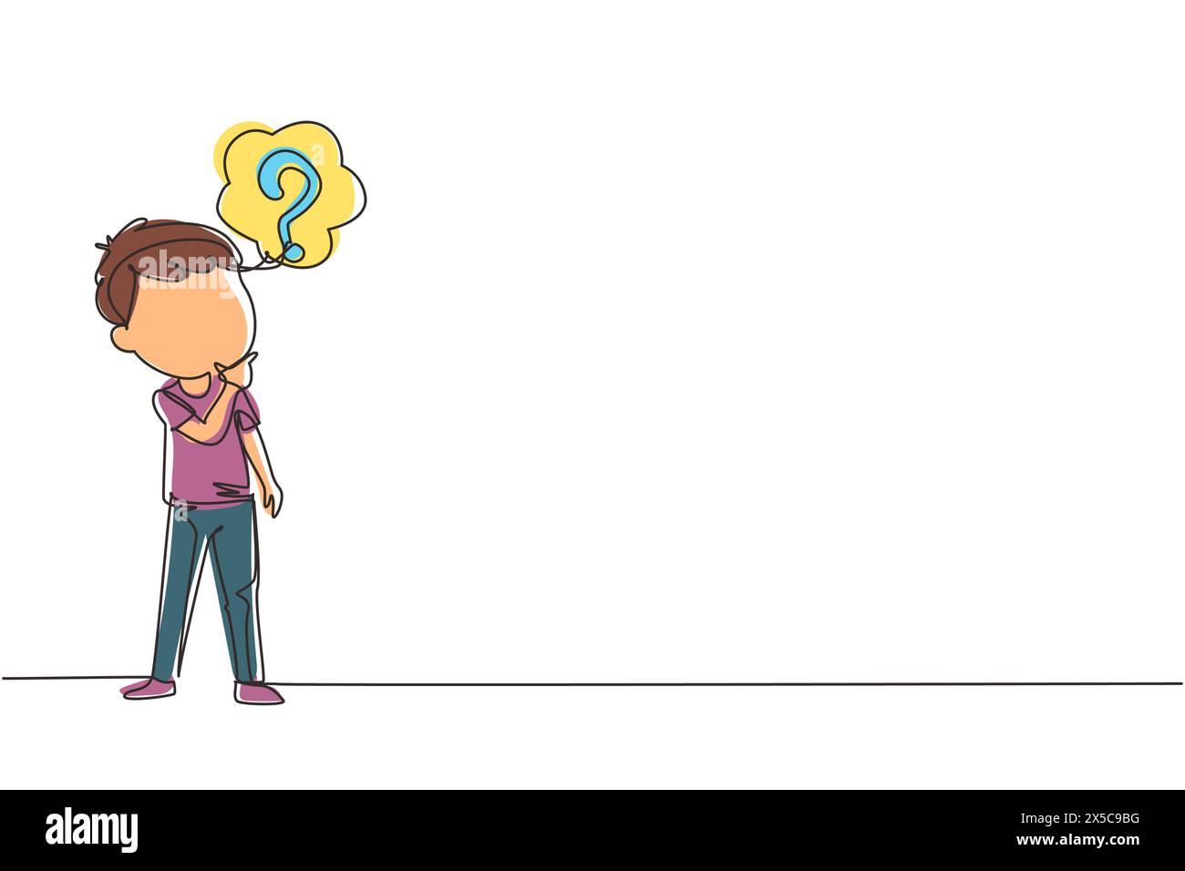 Continuous one line drawing cute boy thinking. Kids think creative idea ...
