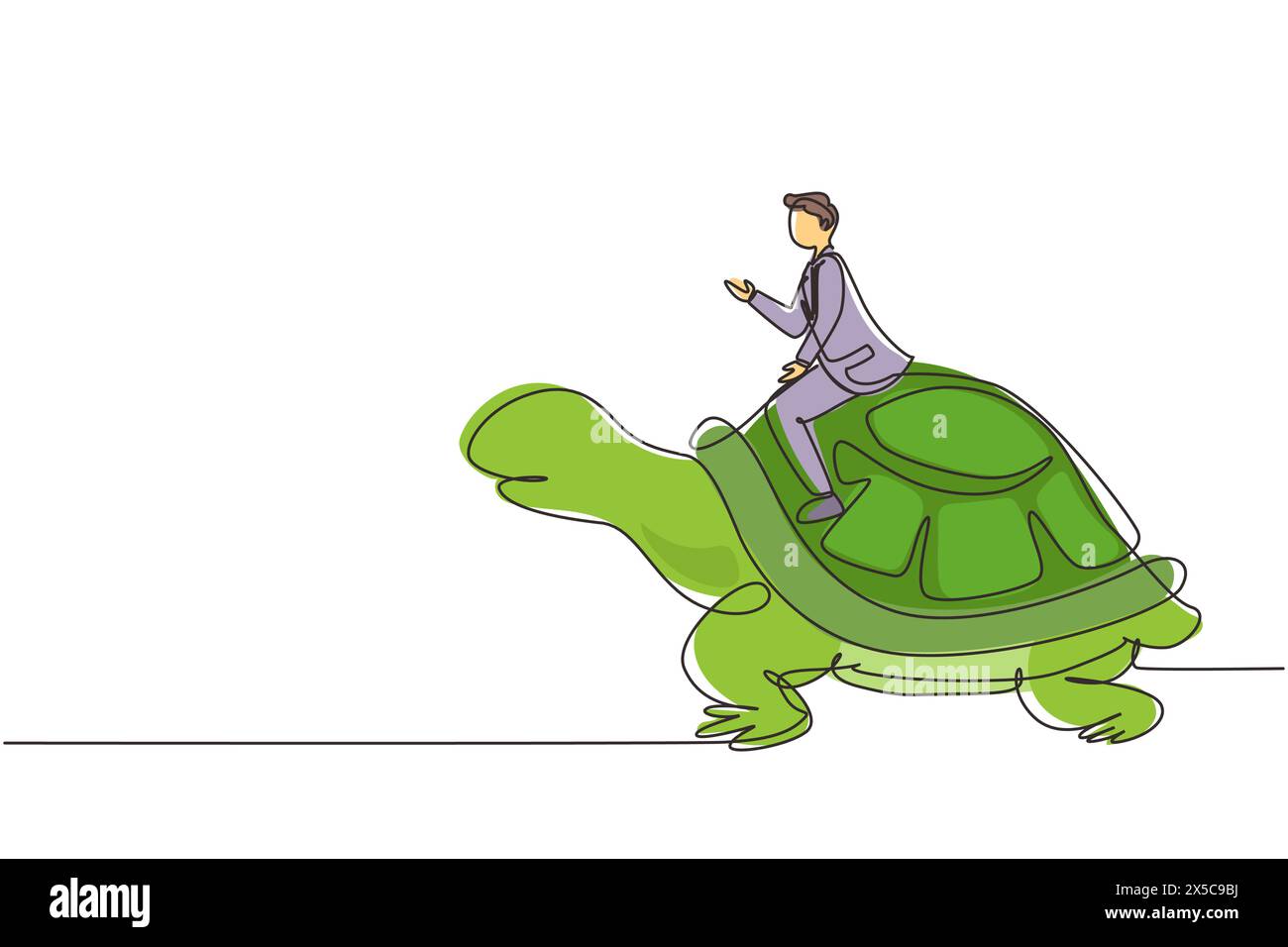 Continuous one line drawing businessman riding huge turtle. Slow ...