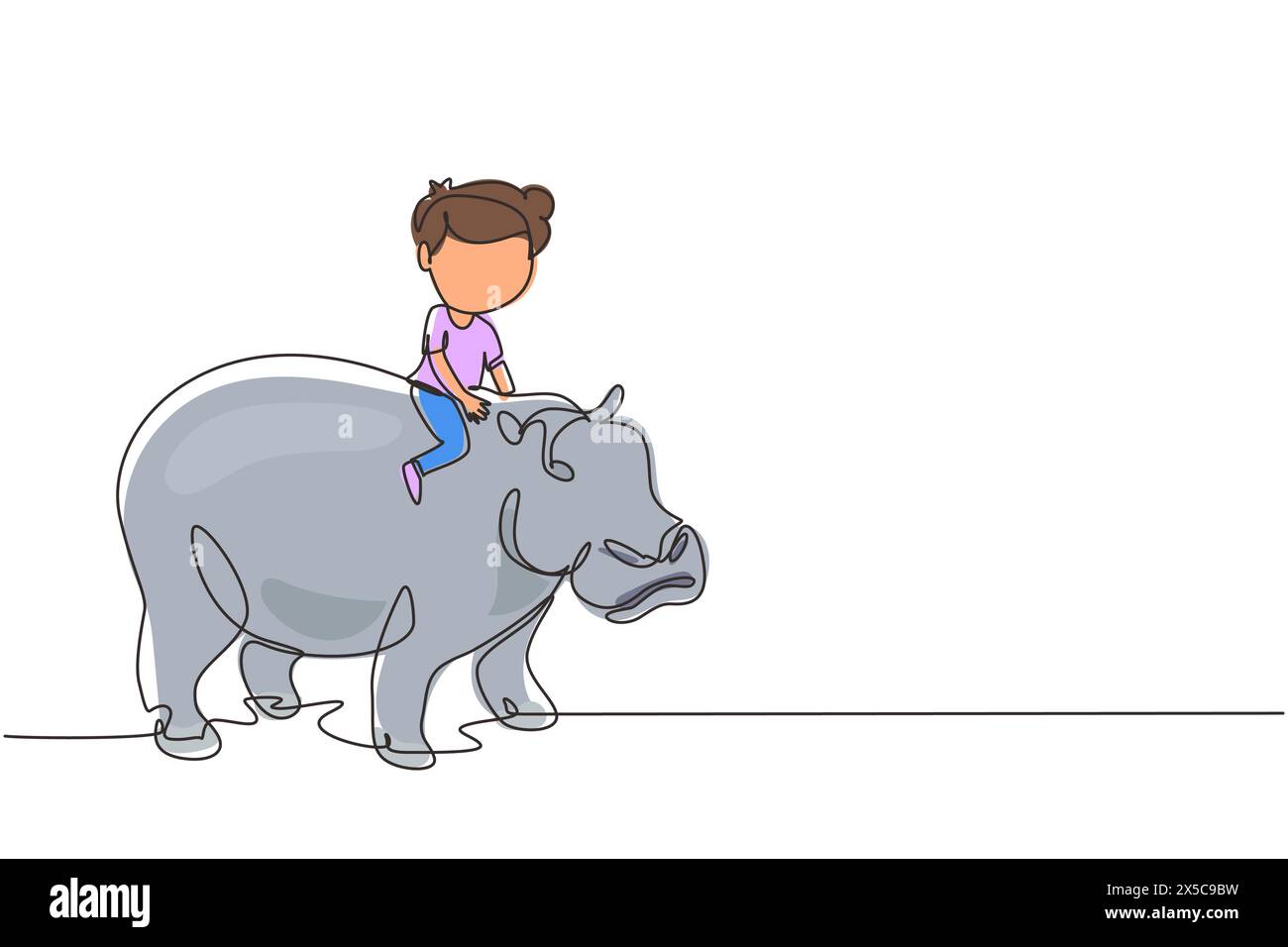 Single one line drawing little boy caveman riding brontosaurus. Young ...