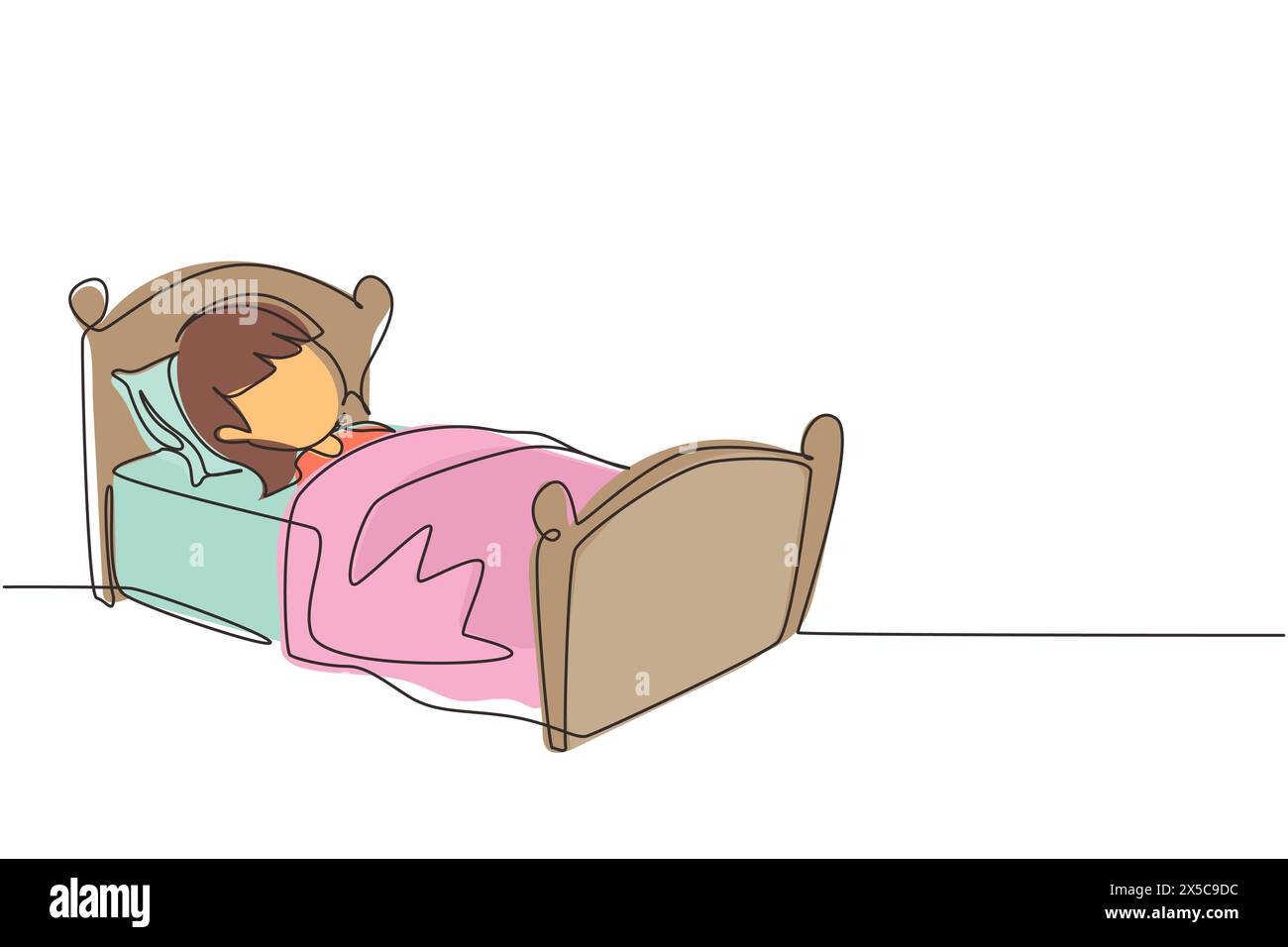 Single continuous line drawing cute girl sleeping on tonight dreams ...