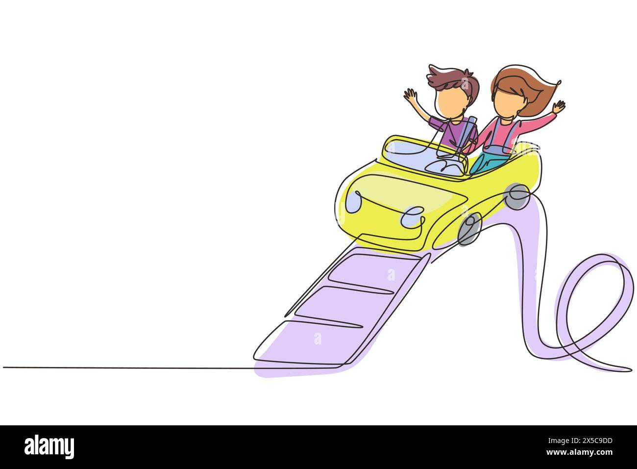 Single continuous line drawing kids on rollercoaster rides. Boy and ...