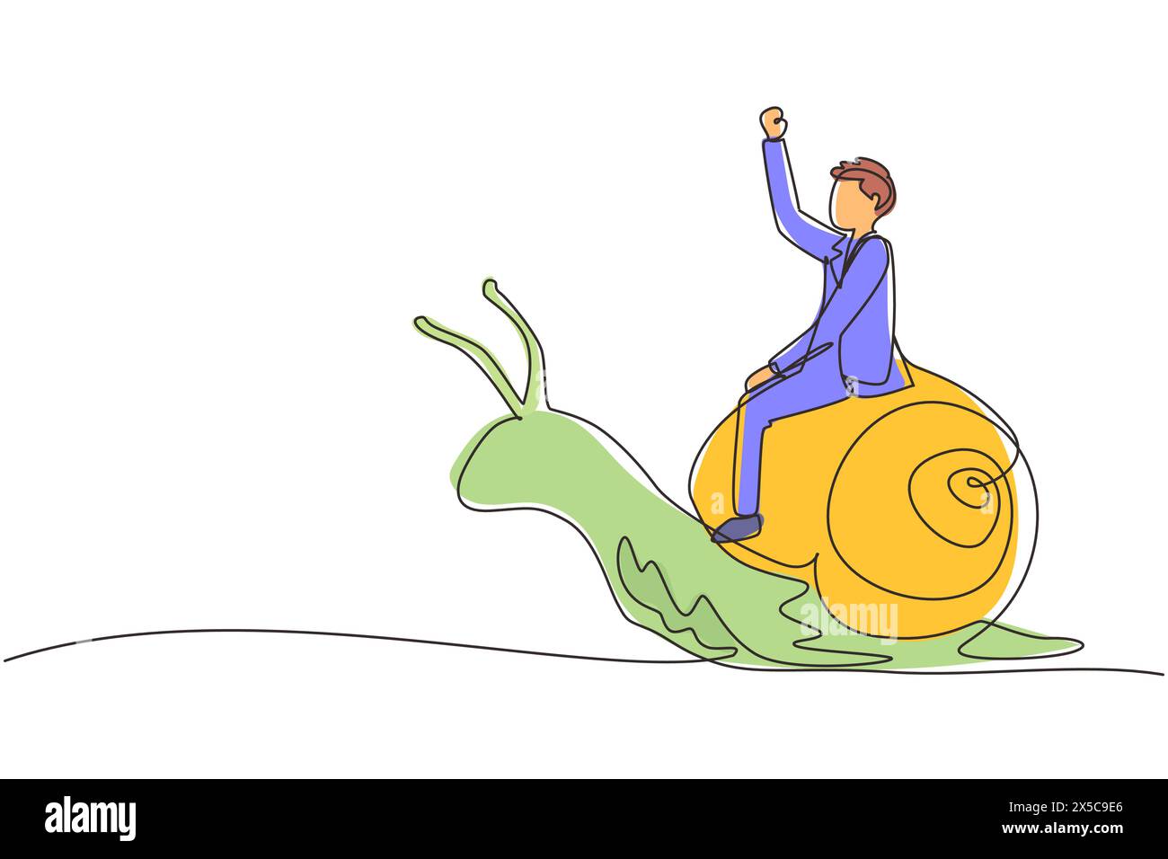 Single one line drawing businessman rides snail. Weak competitor ...