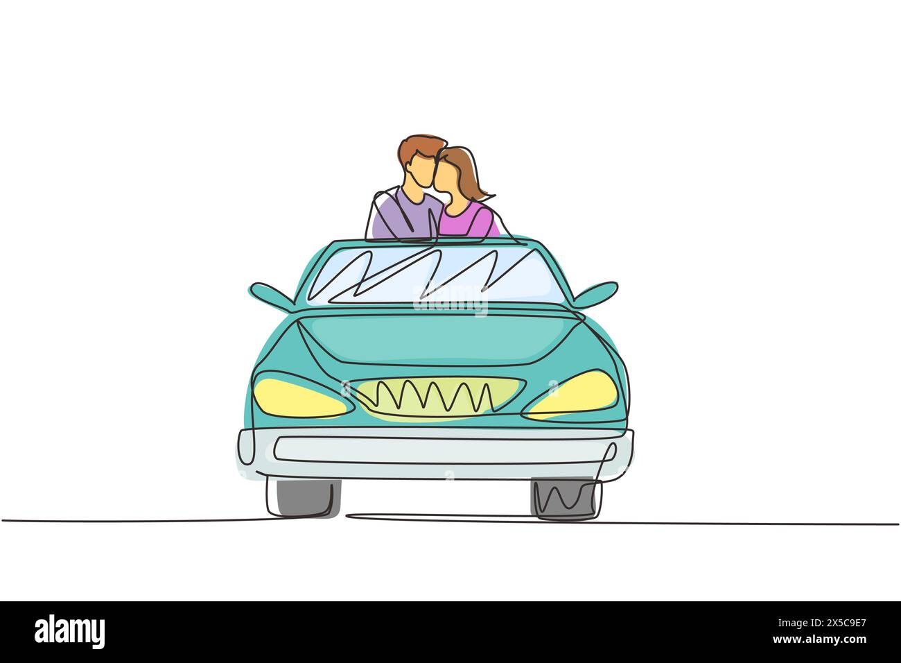 Single one line drawing happy couple on road trip in vintage retro car ...