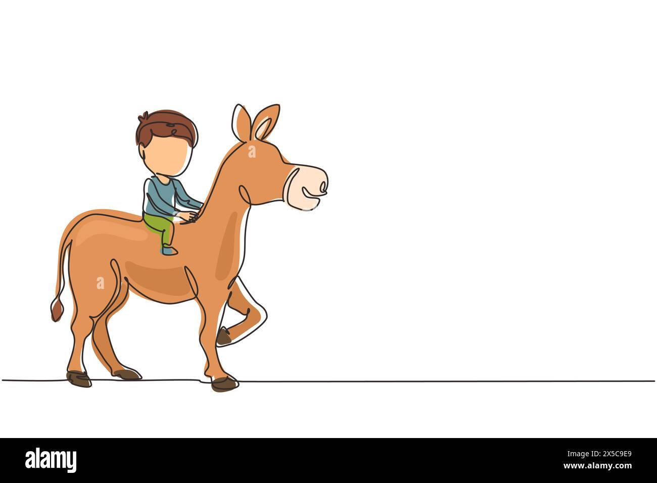 Continuous one line drawing happy cute boy riding cute donkey. Child ...