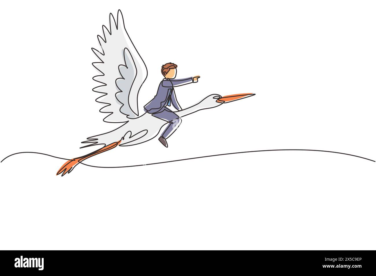 Single continuous line drawing businessman riding stork symbol of ...