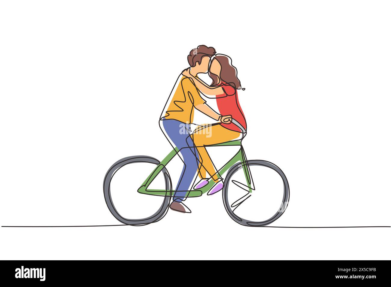 Single continuous line drawing active couple riding on bike together ...
