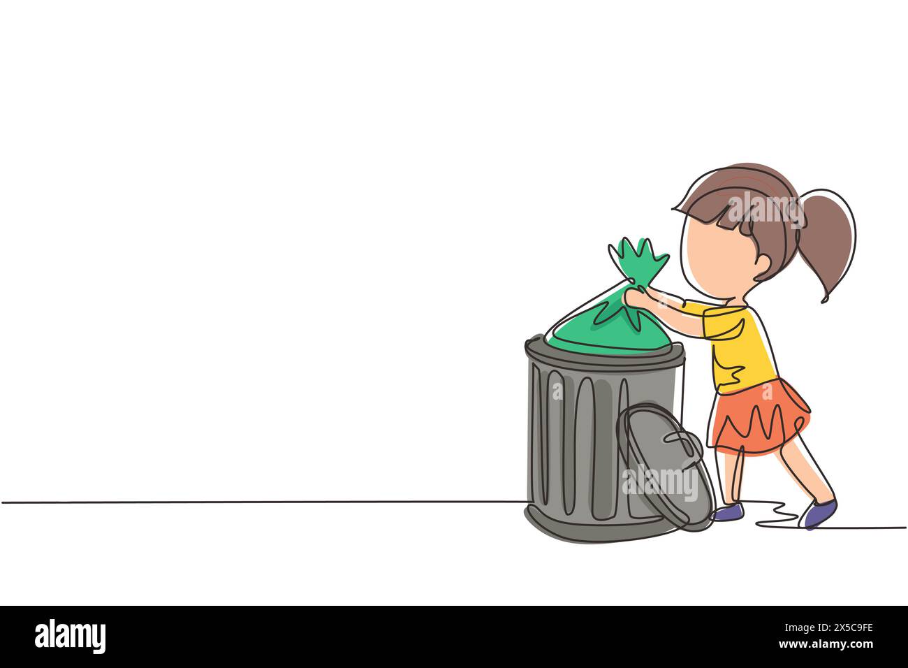 Single continuous line drawing little girl taking out the trash. Kids ...