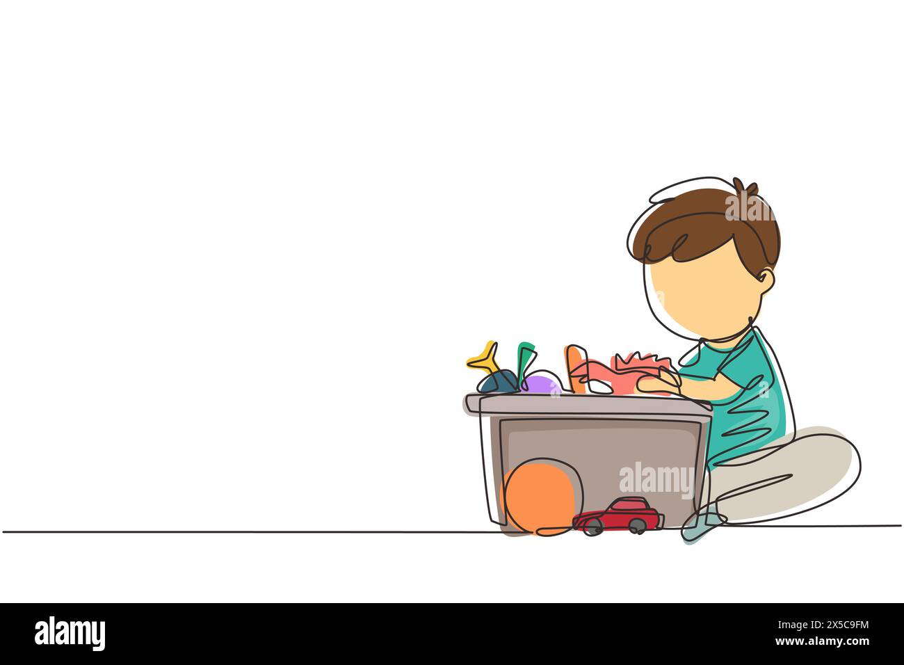 Single continuous line drawing little boy putting his toys into box ...