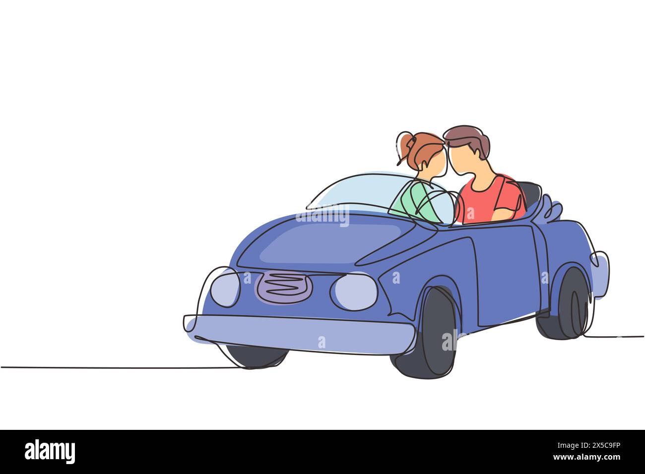 Continuous one line drawing romantic couple riding car going on road ...