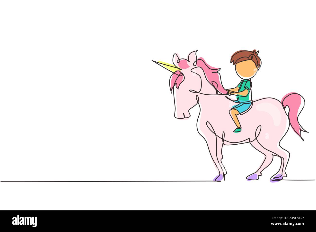 Continuous one line drawing happy cute boy riding cute unicorn. Child ...