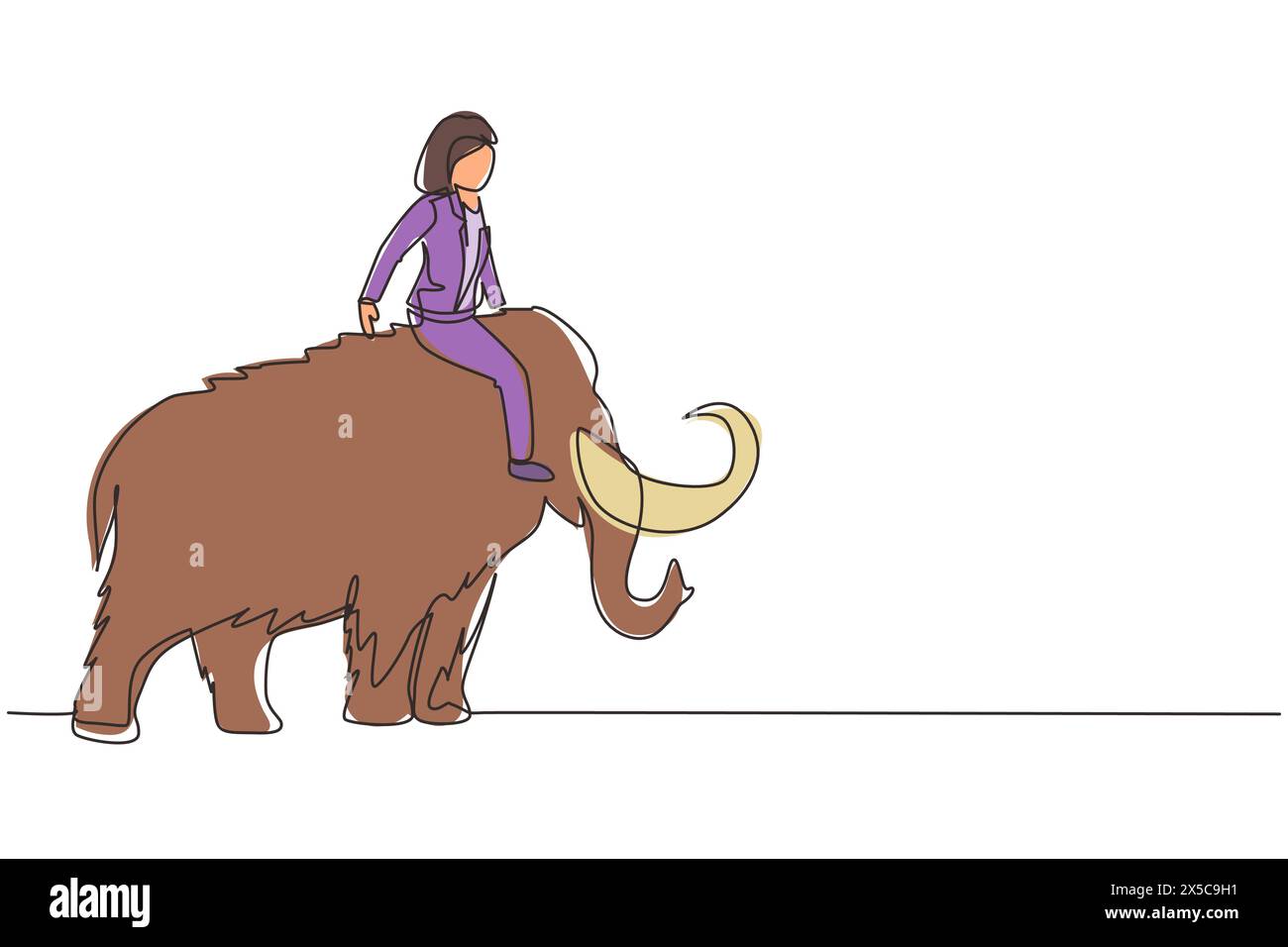 Continuous one line drawing businesswoman riding huge dangerous mammoth ...