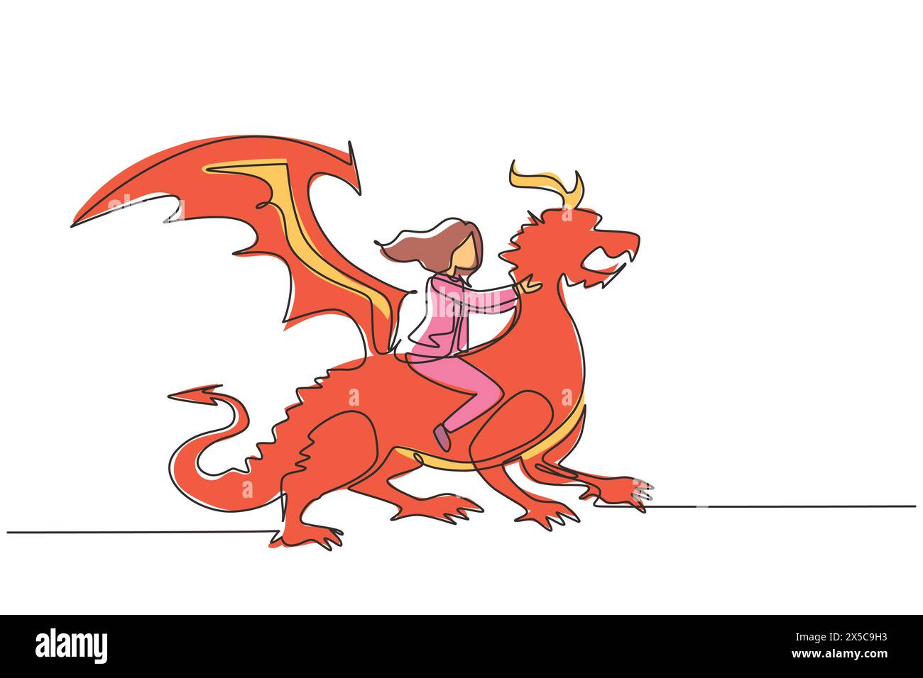 Single one line drawing businesswoman riding dragon. Conquering ...