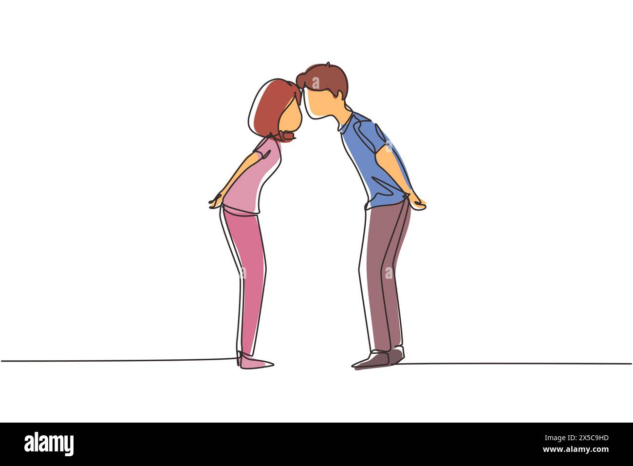 Single continuous line drawing boy and girl in love and kissing. Young ...