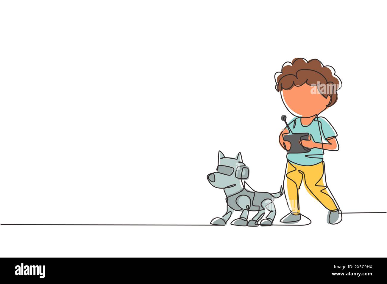Single one line drawing boy playing with electronic toy dog robot with ...