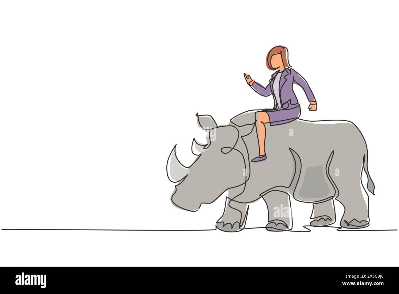 Single continuous line drawing businesswoman riding rhinoceros symbol ...