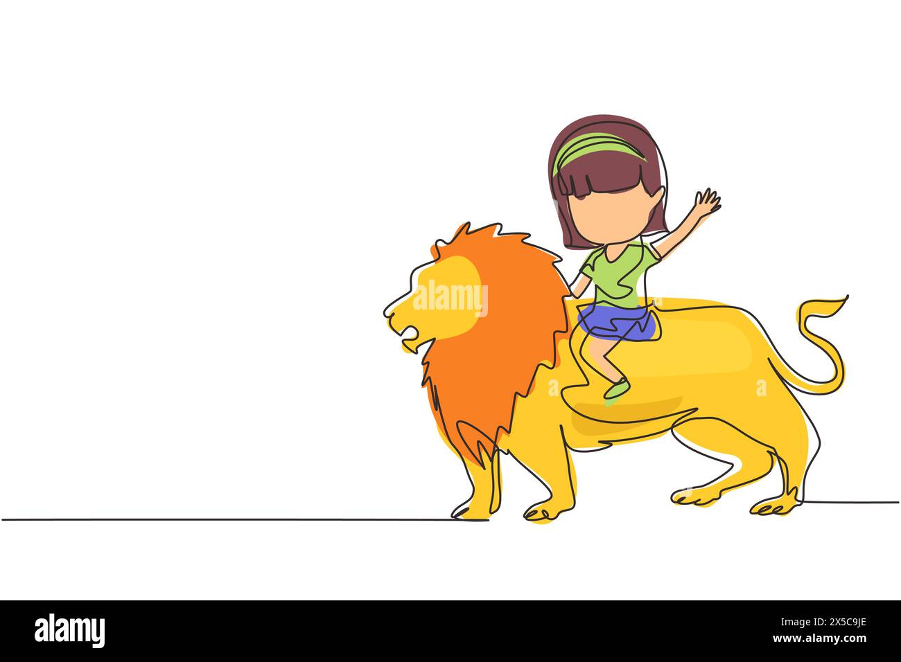 Single one line drawing happy little girl riding lion. Child sitting on ...
