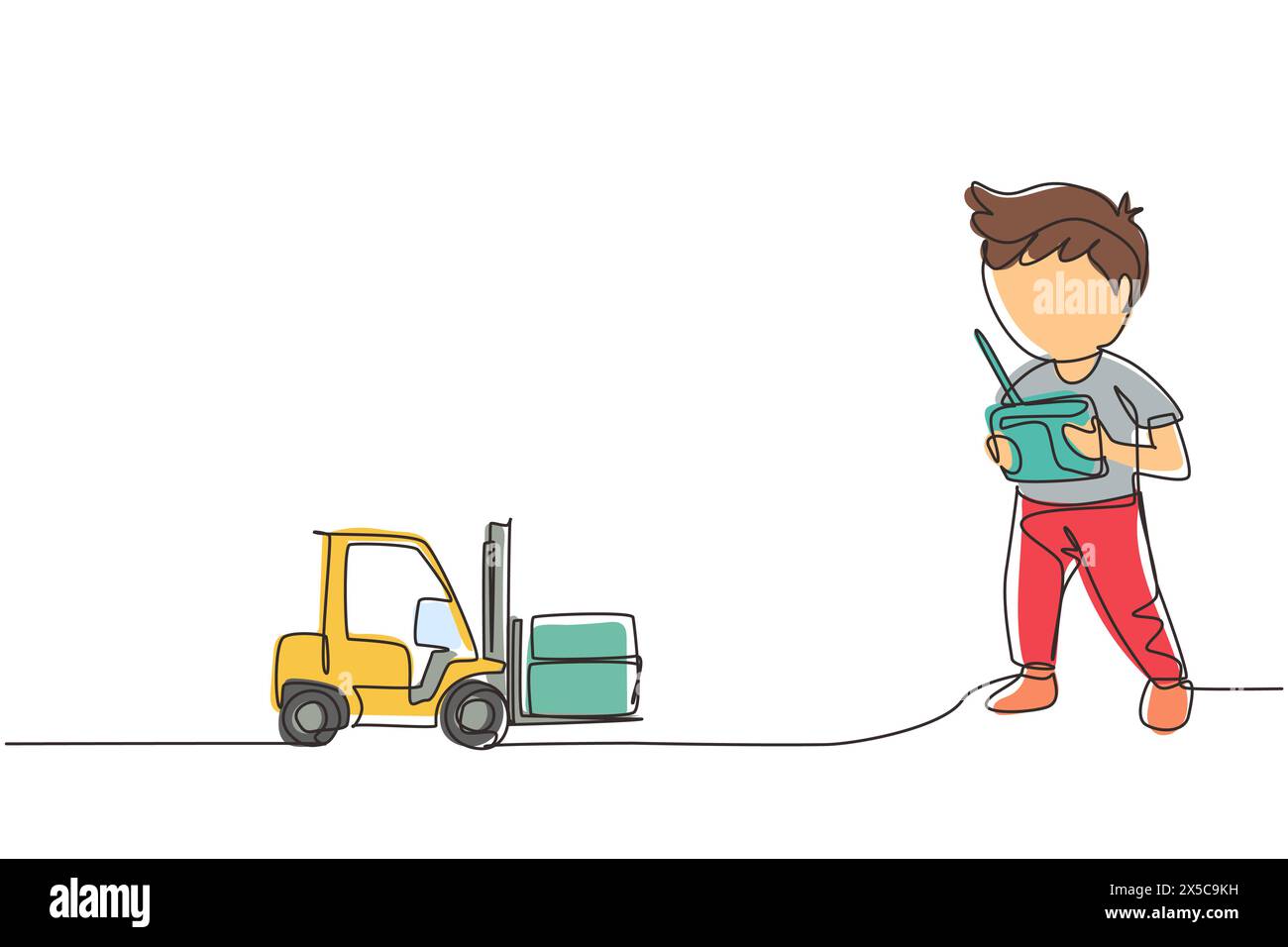 Single one line drawing boy playing with remote-controlled forklift ...