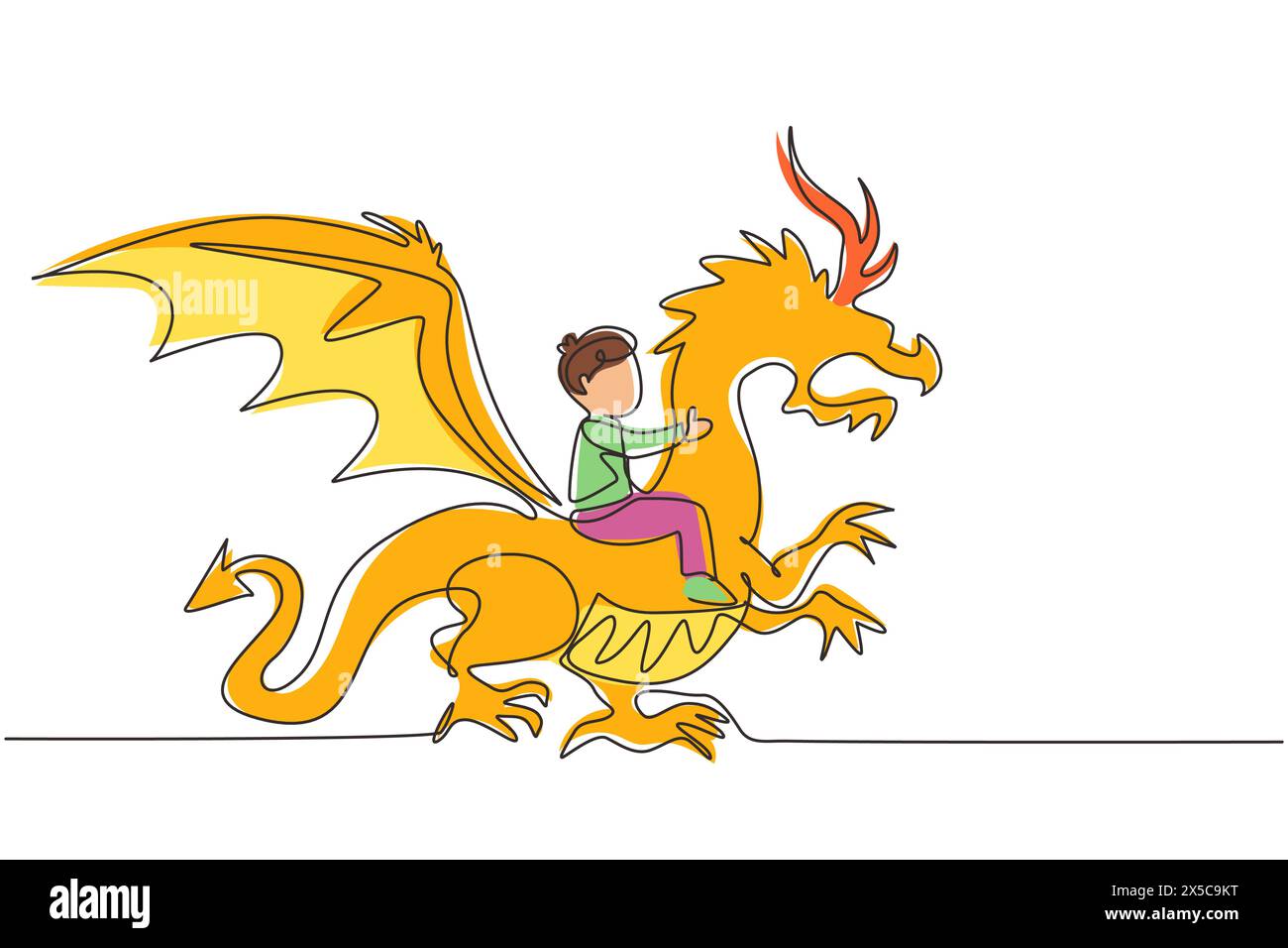 Continuous one line drawing happy little boy flying with fantasy dragon ...