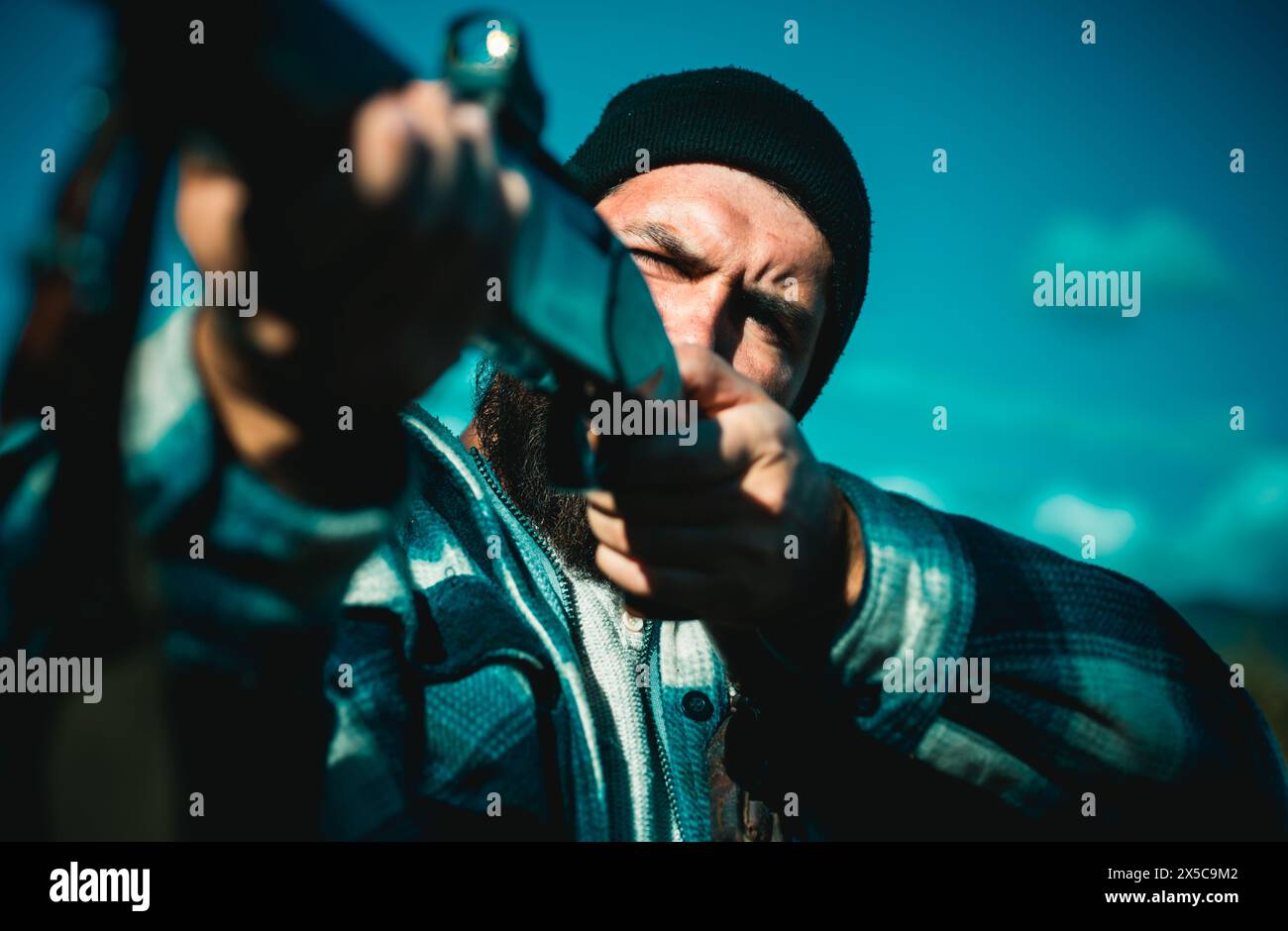 Hunting in America. Hunter with shotgun gun on hunt. Hunter Target with ...
