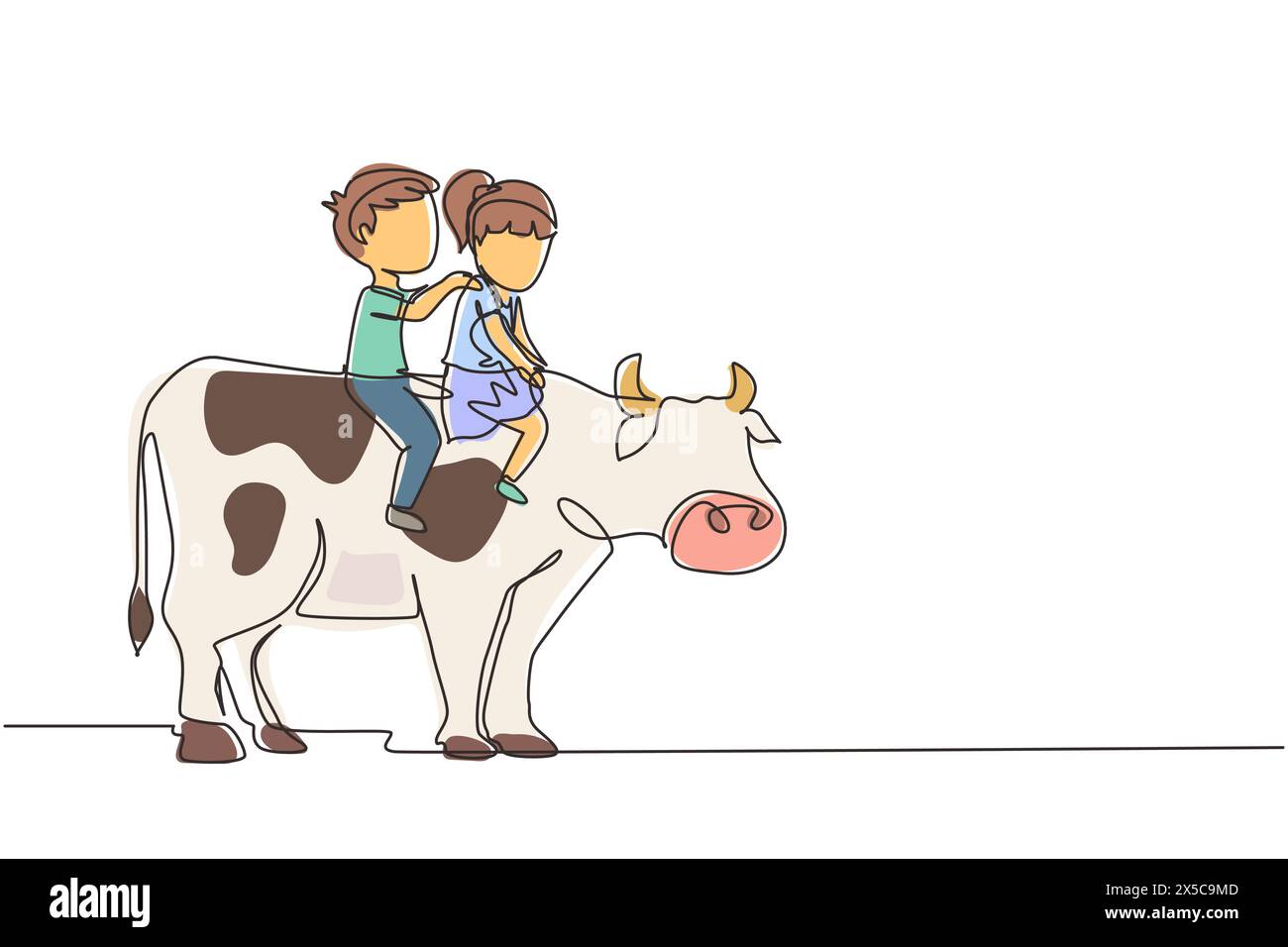 Single one line drawing happy little boy and girl riding cow together ...
