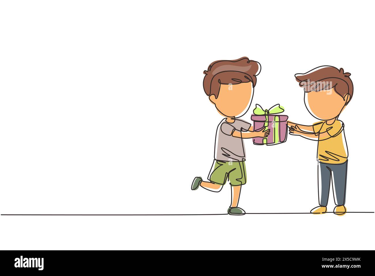 Continuous one line drawing boy giving his friend birthday ribbon bow ...