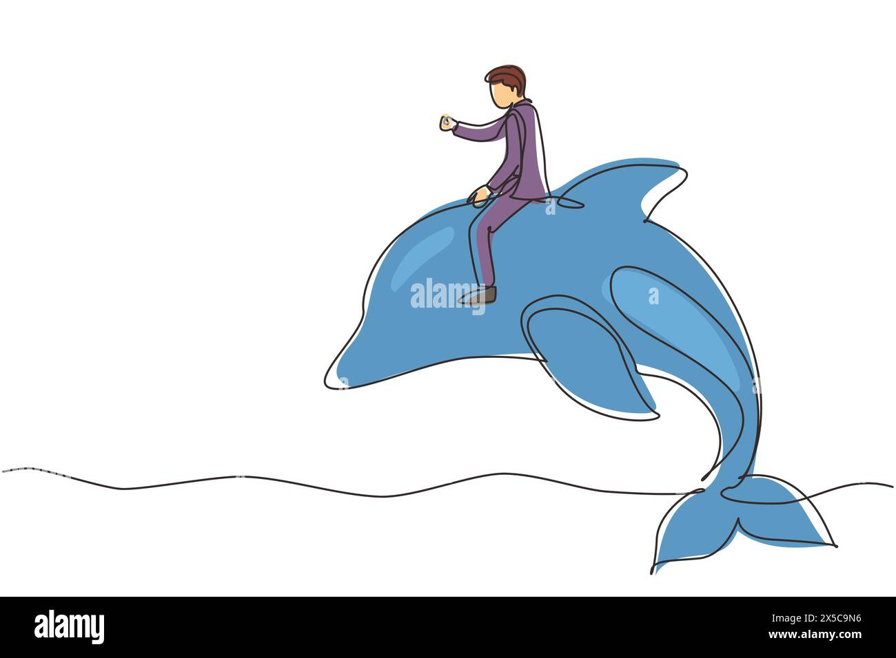 Single one line drawing businessman riding dolphin symbol of success ...