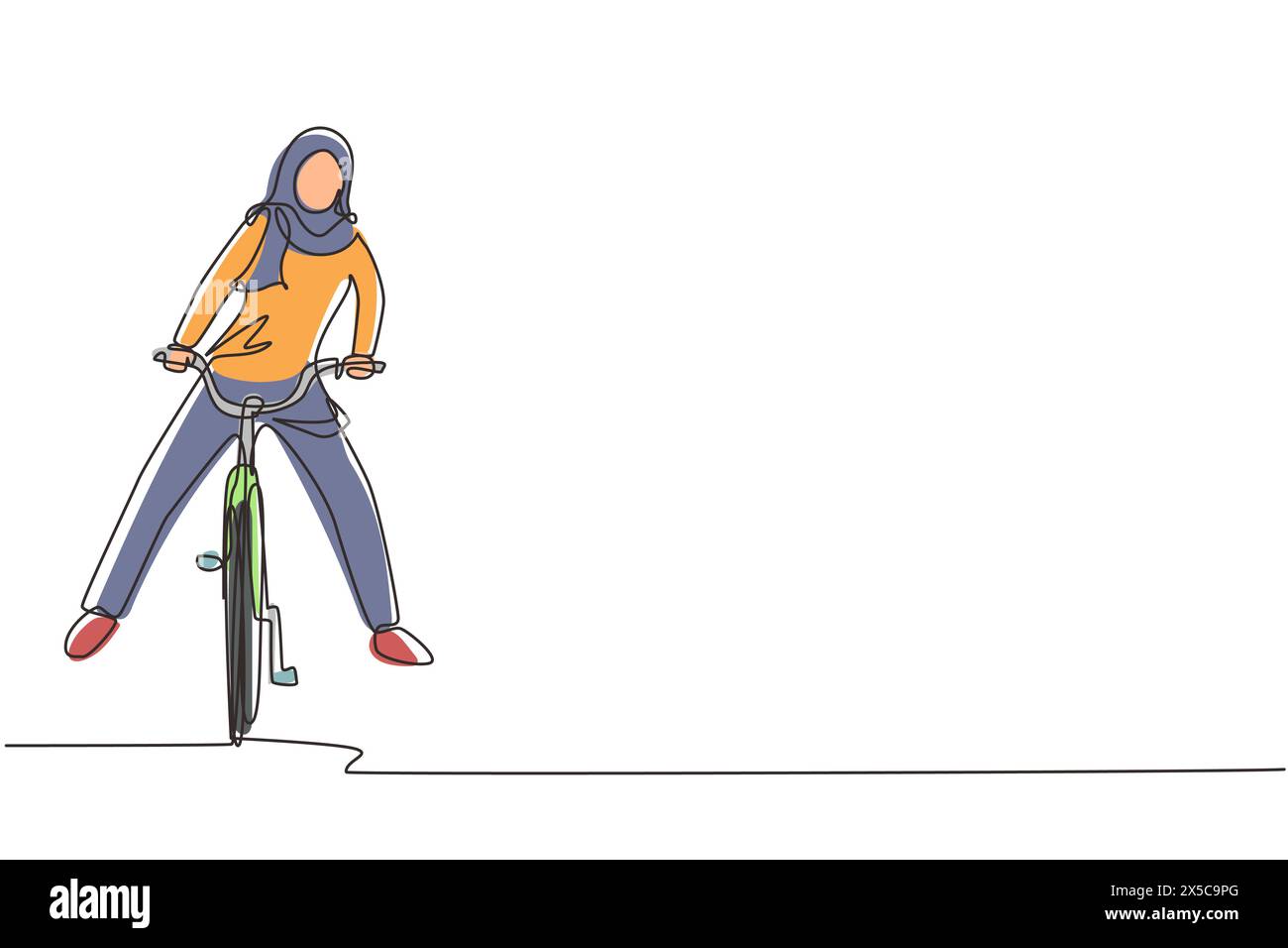 Single one line drawing happy Arabian woman in casual clothes riding ...
