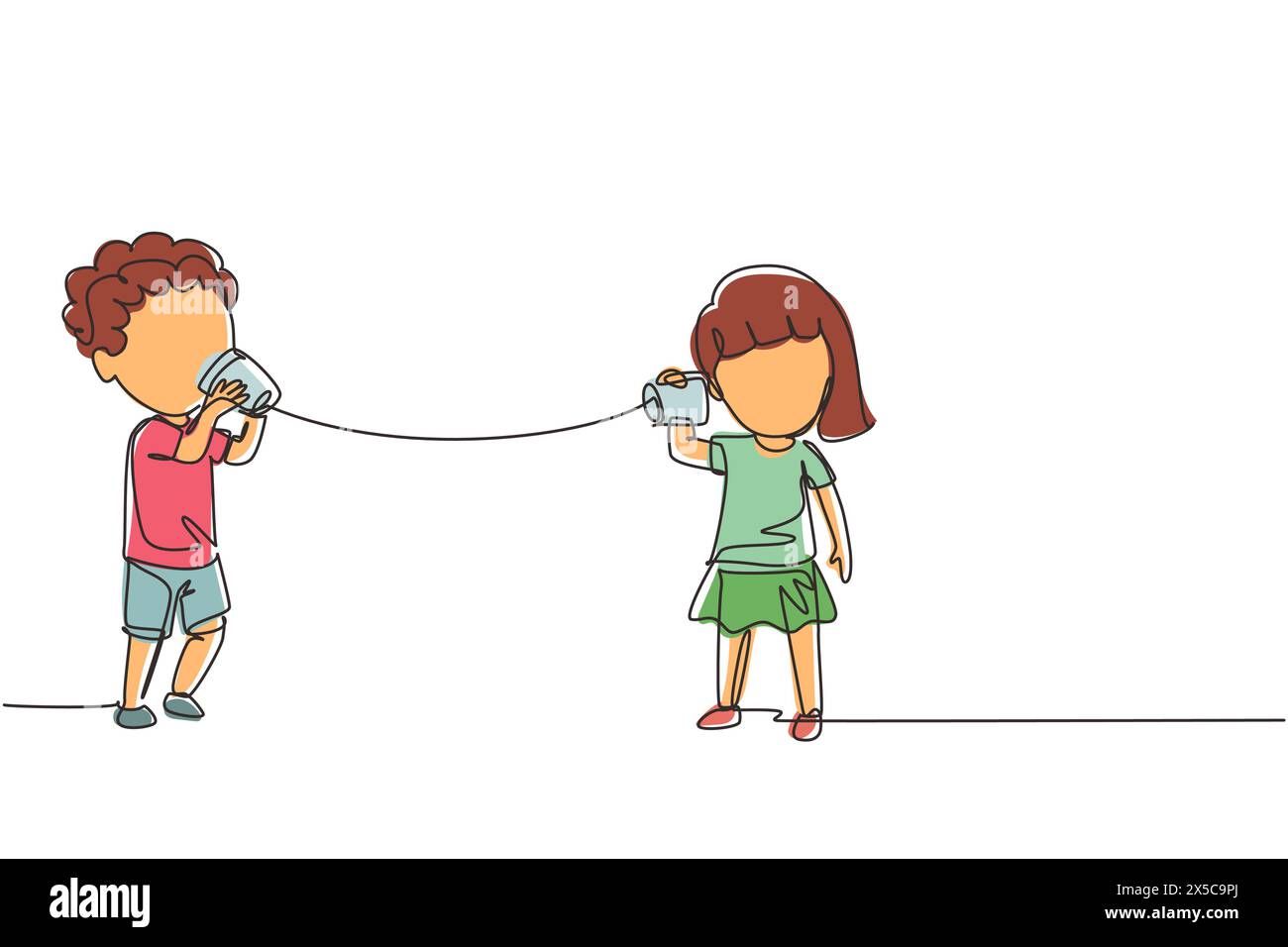 Continuous one line drawing boy and girl play toy phone. Two friends ...
