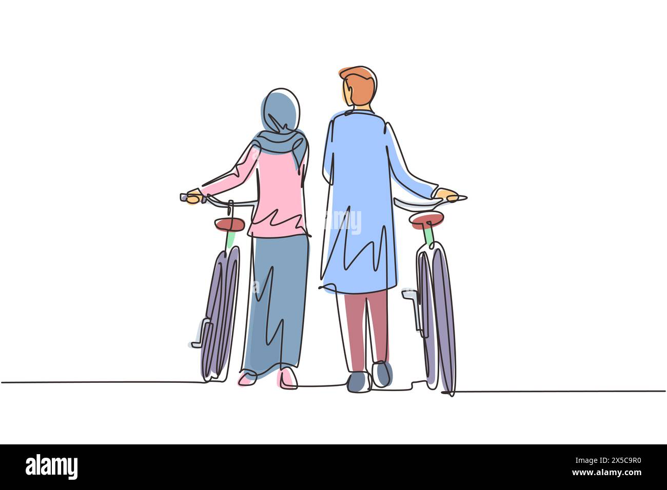 Single continuous line drawing rear view couple Arab man and woman ...