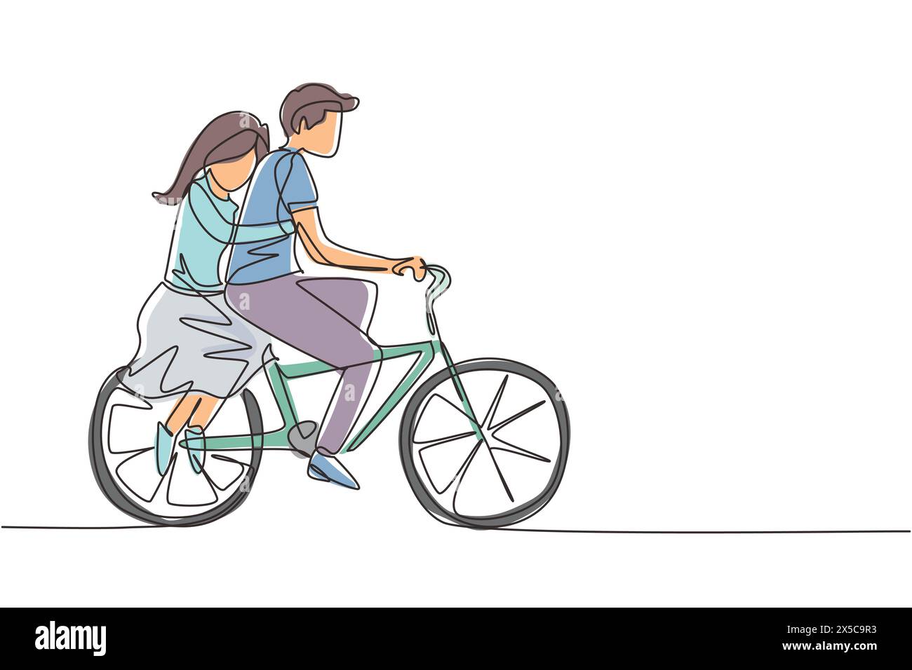 Continuous one line drawing romantic couple. Happy couple is riding ...