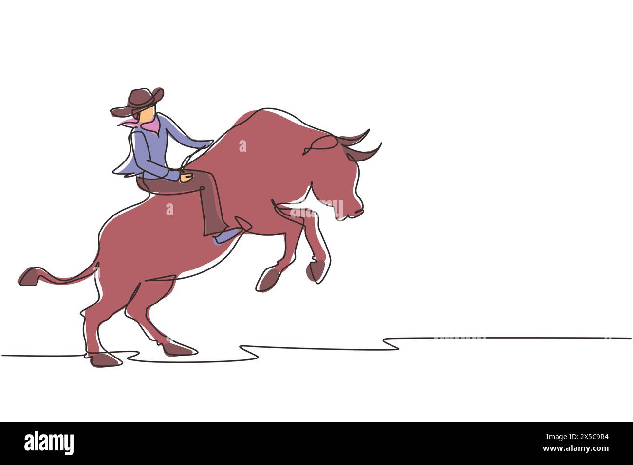 Continuous one line drawing strong and brave cowboy in hat participates ...