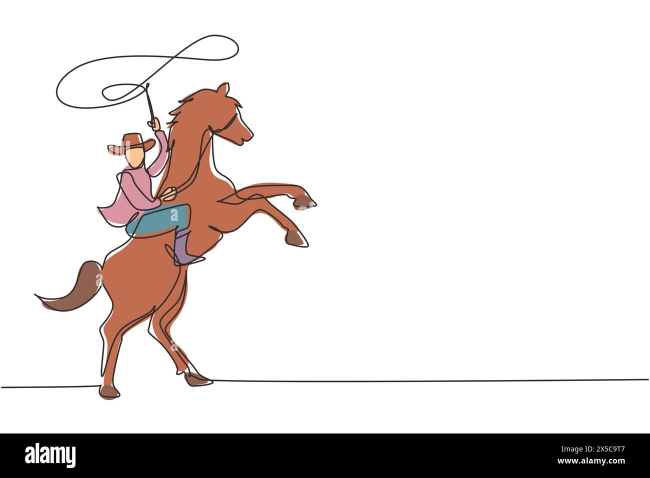 Continuous one line drawing cowboy throwing lasso riding rearing up ...