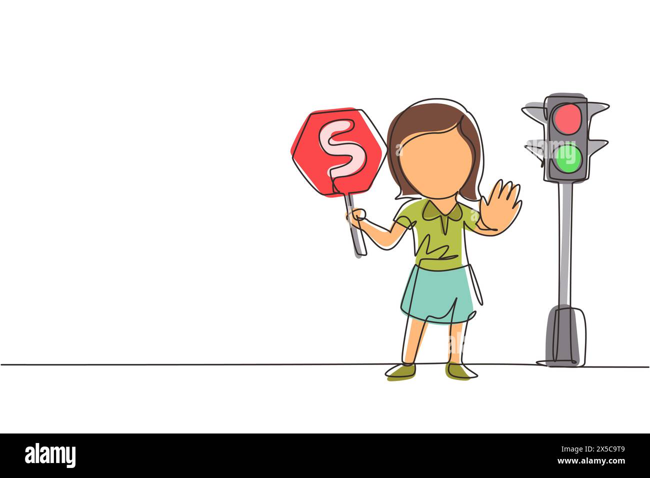 Continuous one line drawing little girl holding stop sign in arm ...