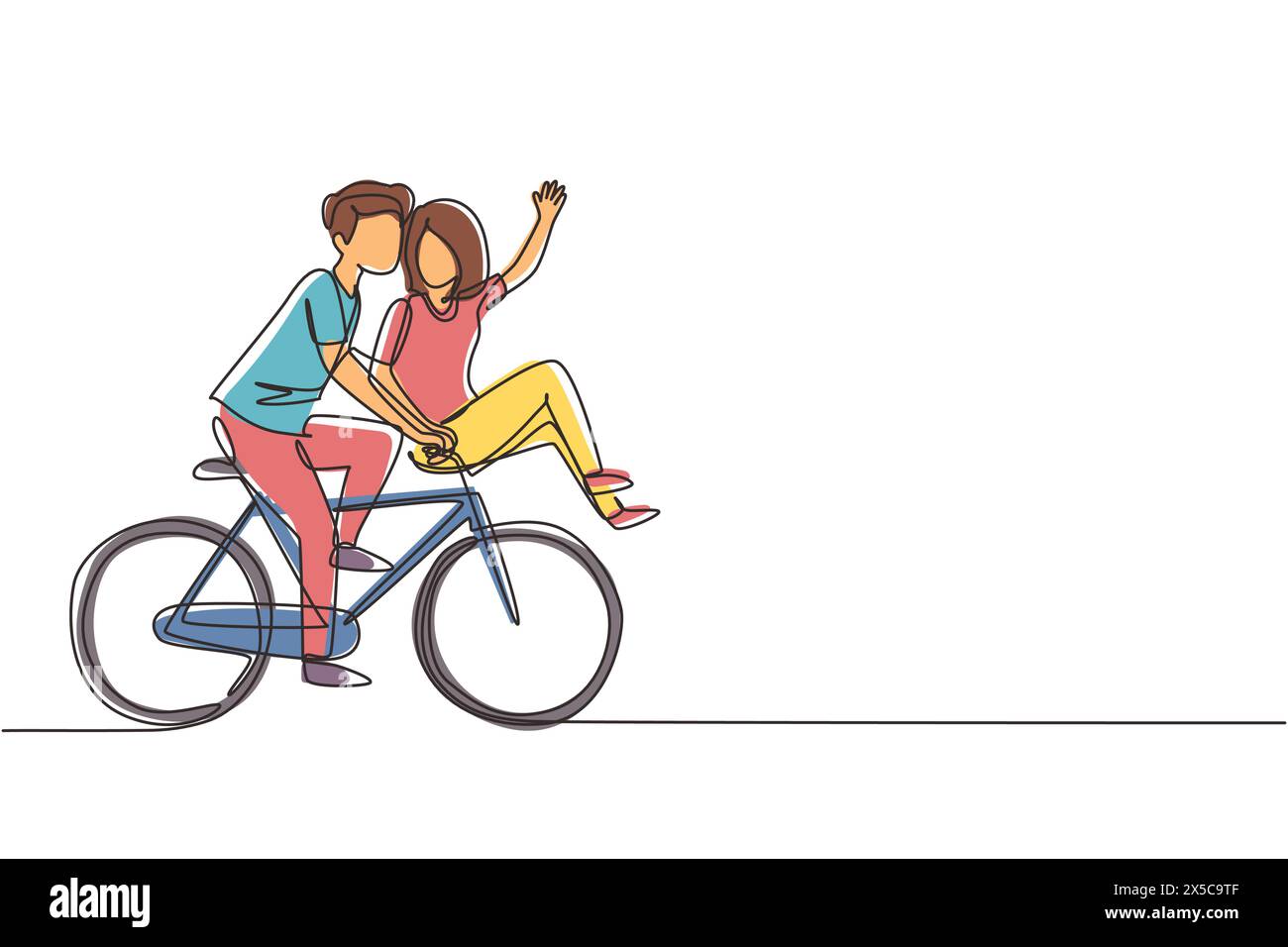 Single one line drawing cute romantic couple on date riding bicycle ...