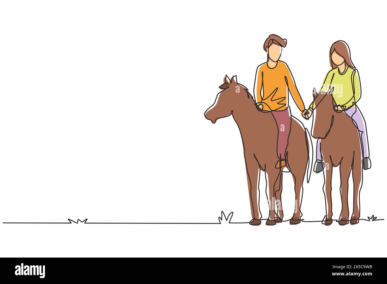 Continuous one line drawing couple riding horses hand in hand at sunset ...