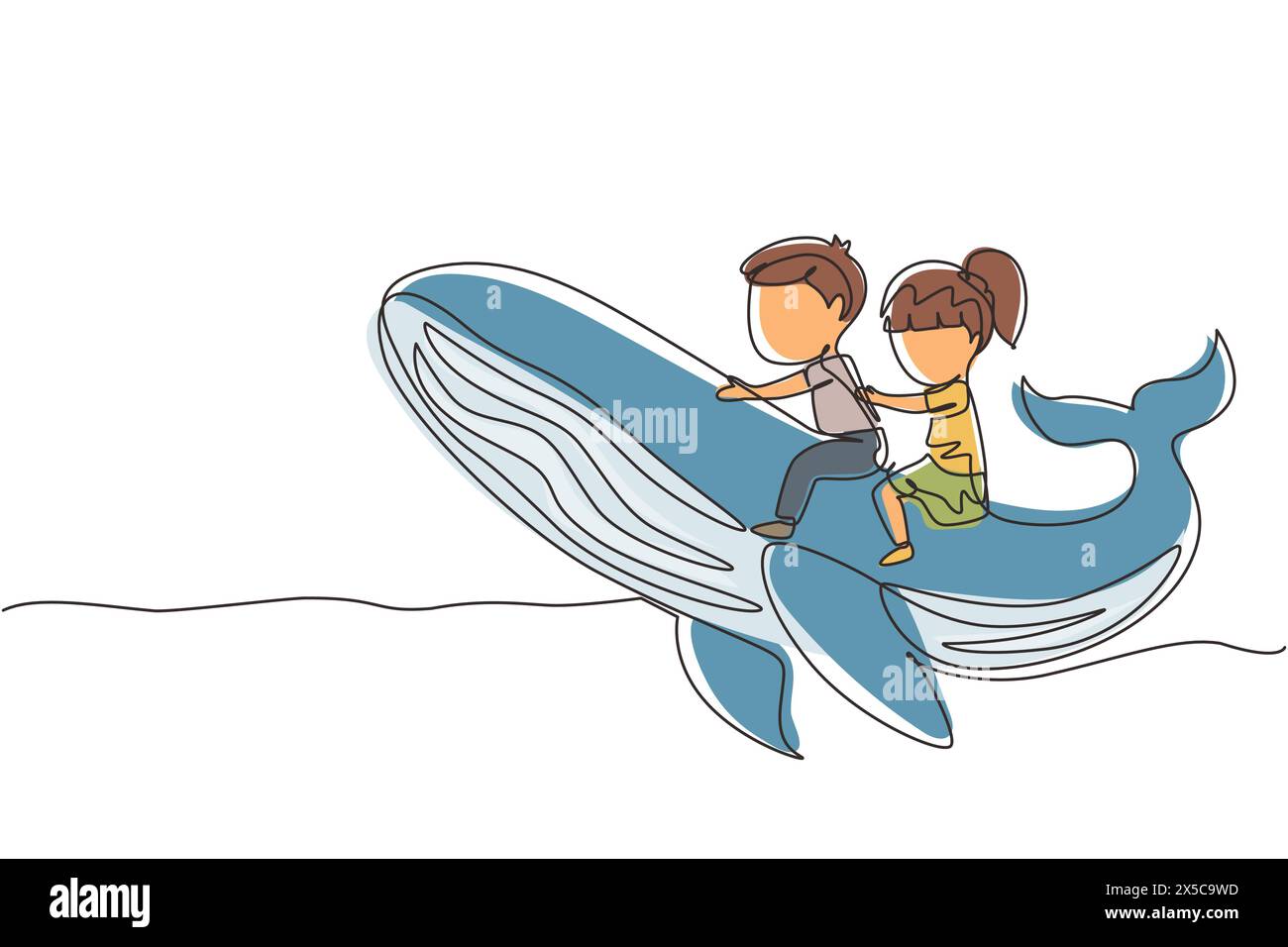 Single one line drawing little boy and girl riding blue whale together ...