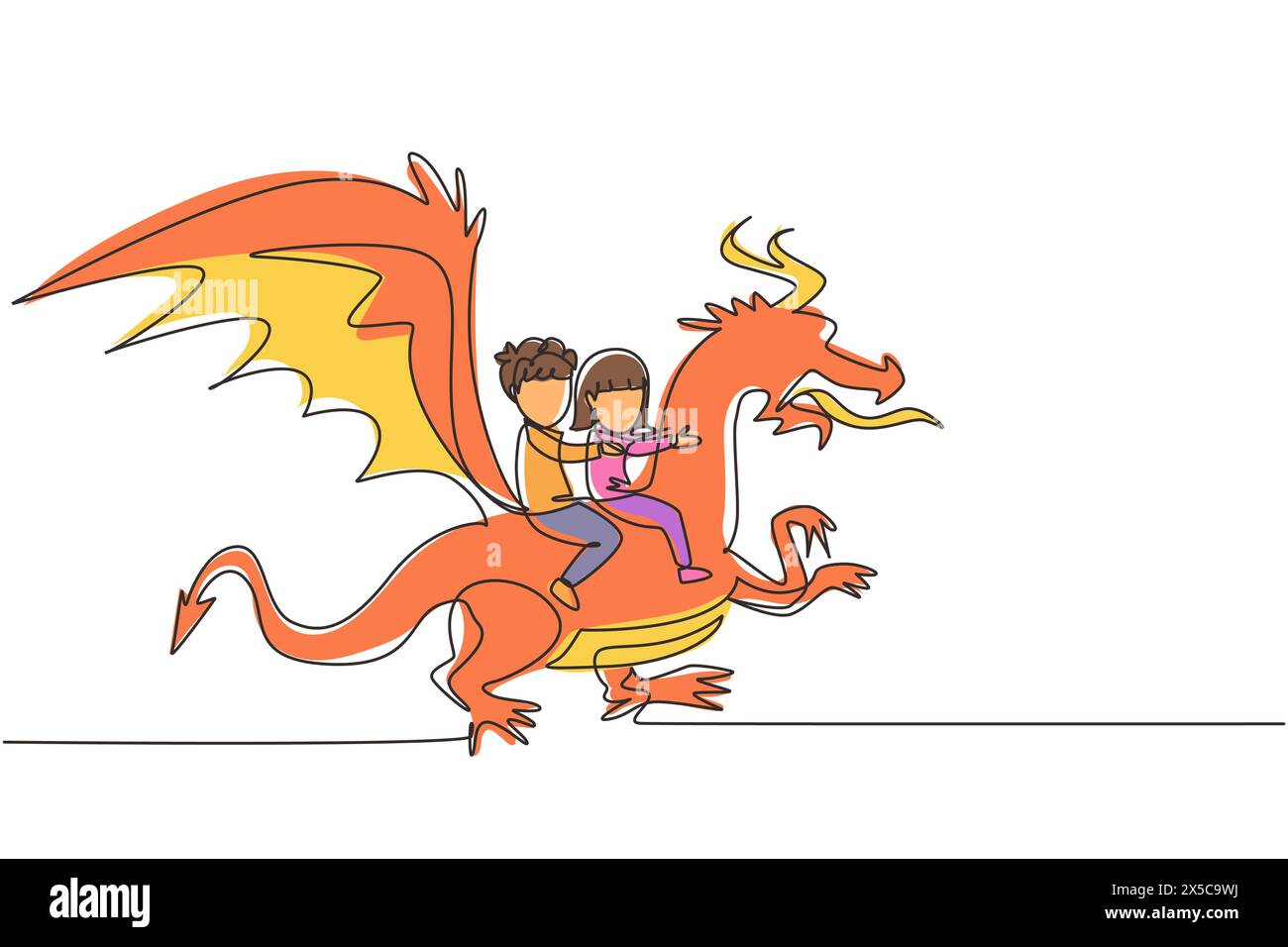 Single one line drawing happy little boy and girl flying with fantasy ...