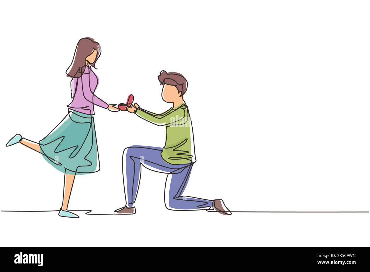 Single Continuous Line Drawing Man Kneeling Offering Engagement Ring To