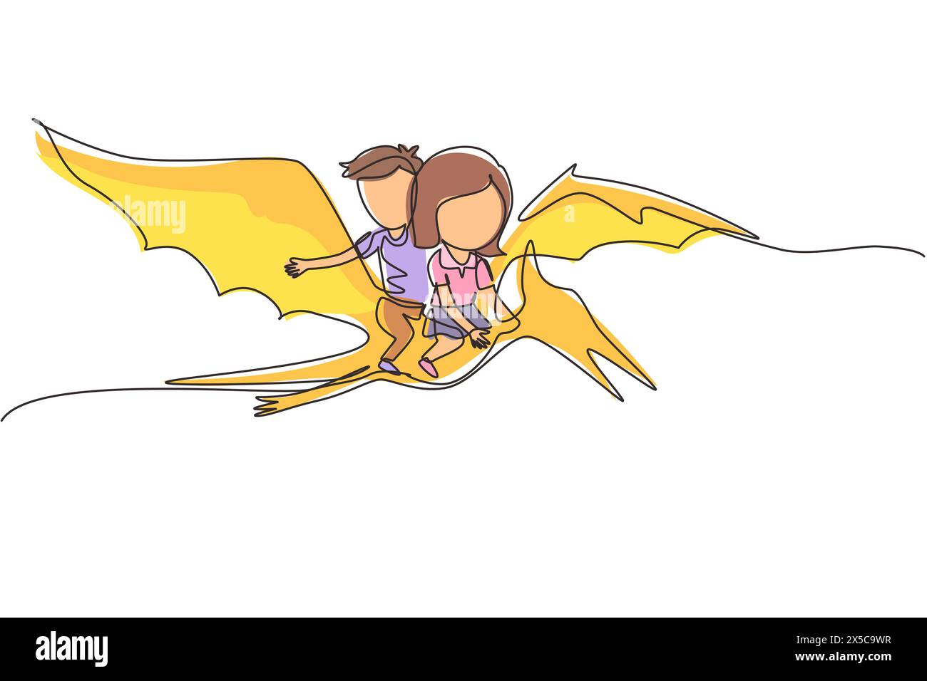 Single continuous line drawing boy and girl riding flying dinosaur ...