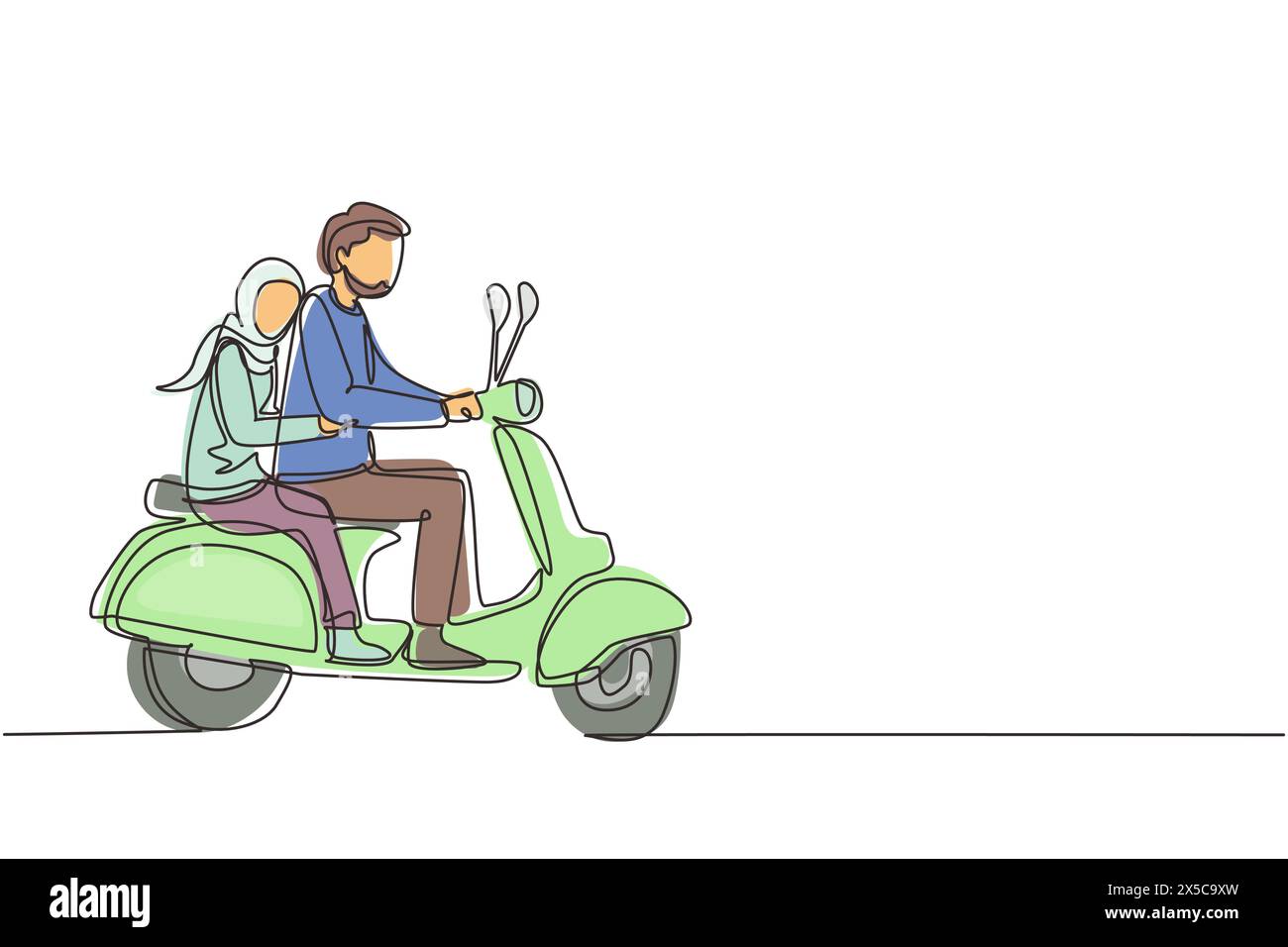 Single continuous line drawing Arabian couple riding motorcycle. Man ...