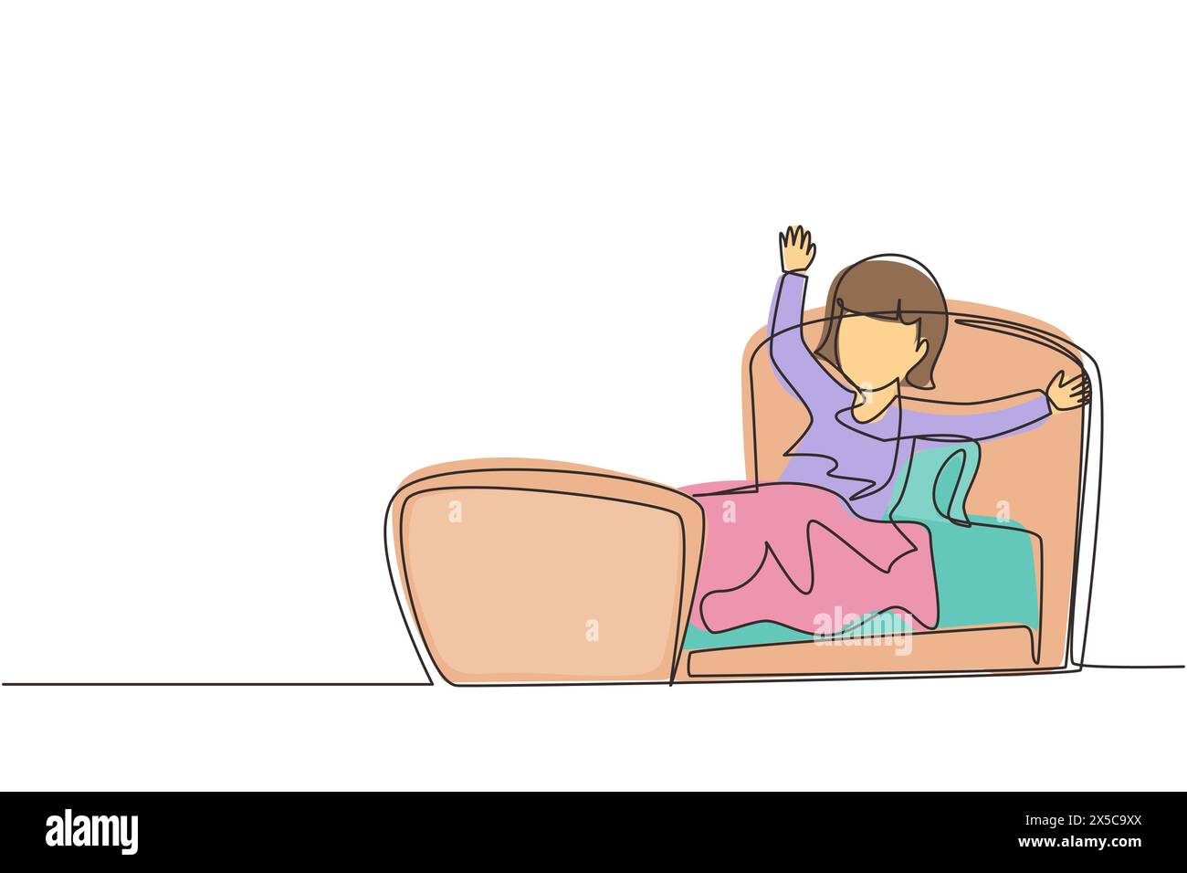 Continuous one line drawing little girl wake up and still yawning, still lying in bed under ...